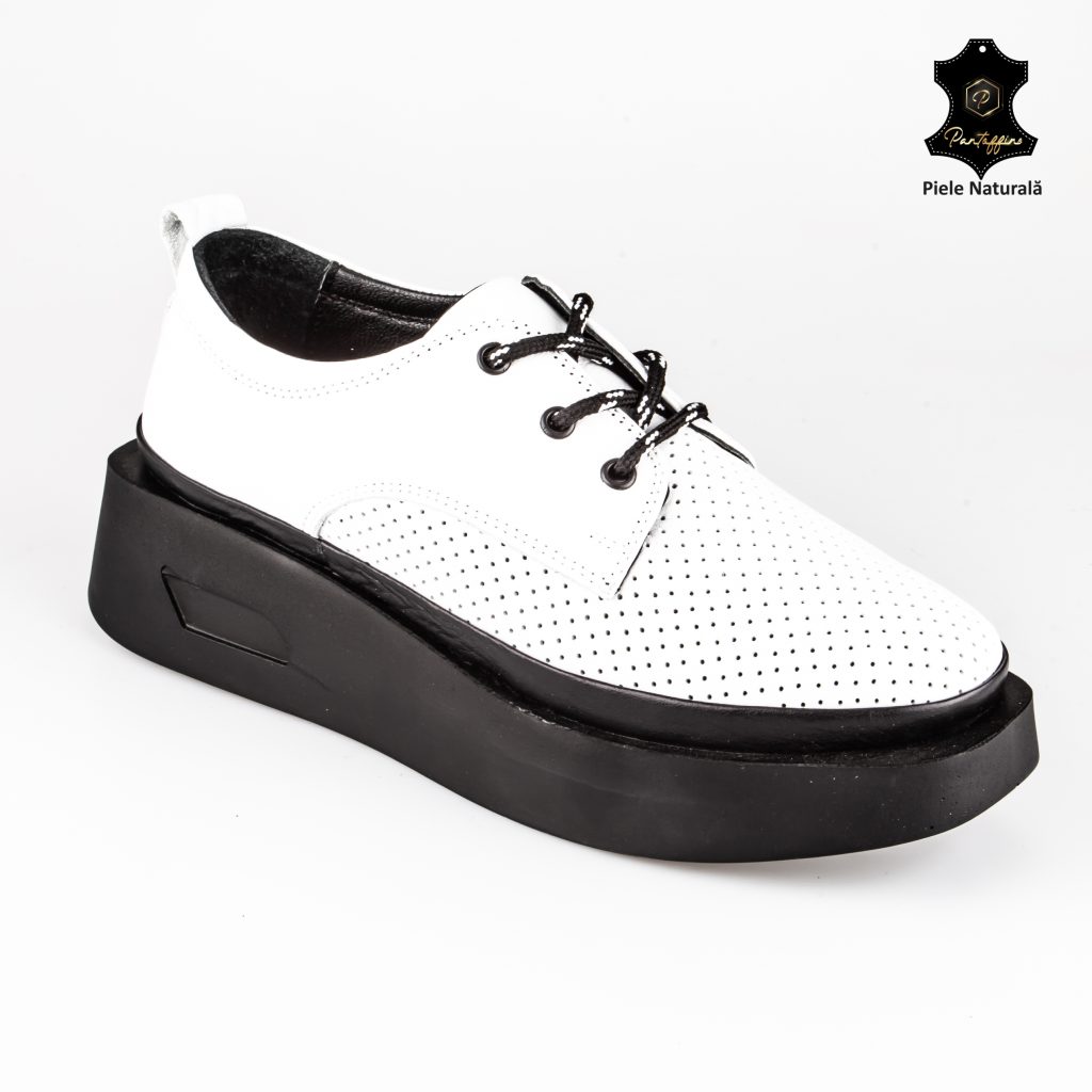 Pantofi Casual Albi Piele Naturala - Adidasi Albi Dama