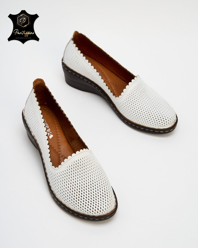 Pantofi Albi din Piele Perforata - Colectie Noua|Pantoffino
