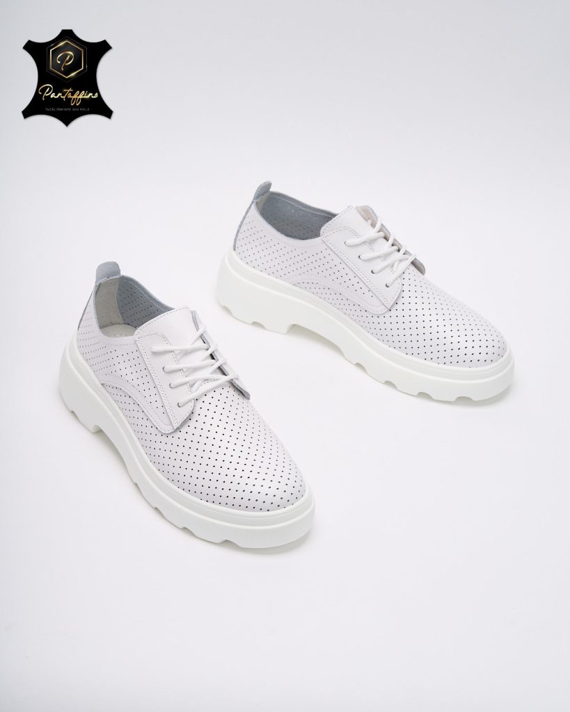 Pantofi Casual Albi Perforati - Pantofi Dama Piele Naturala